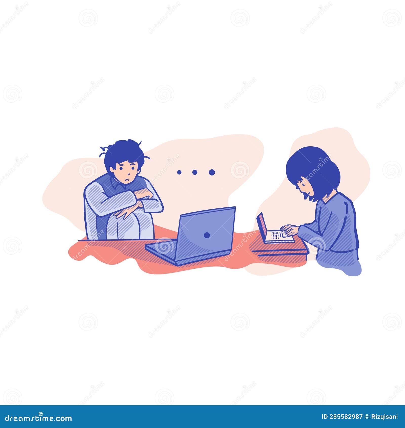 Vector Illustration of Two Young Men Working on Laptop and Talking on ...