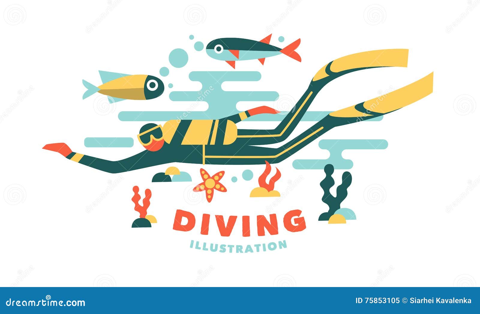 Vector Illustration Underwater Diver Surrounded Fish Stock Vector ...