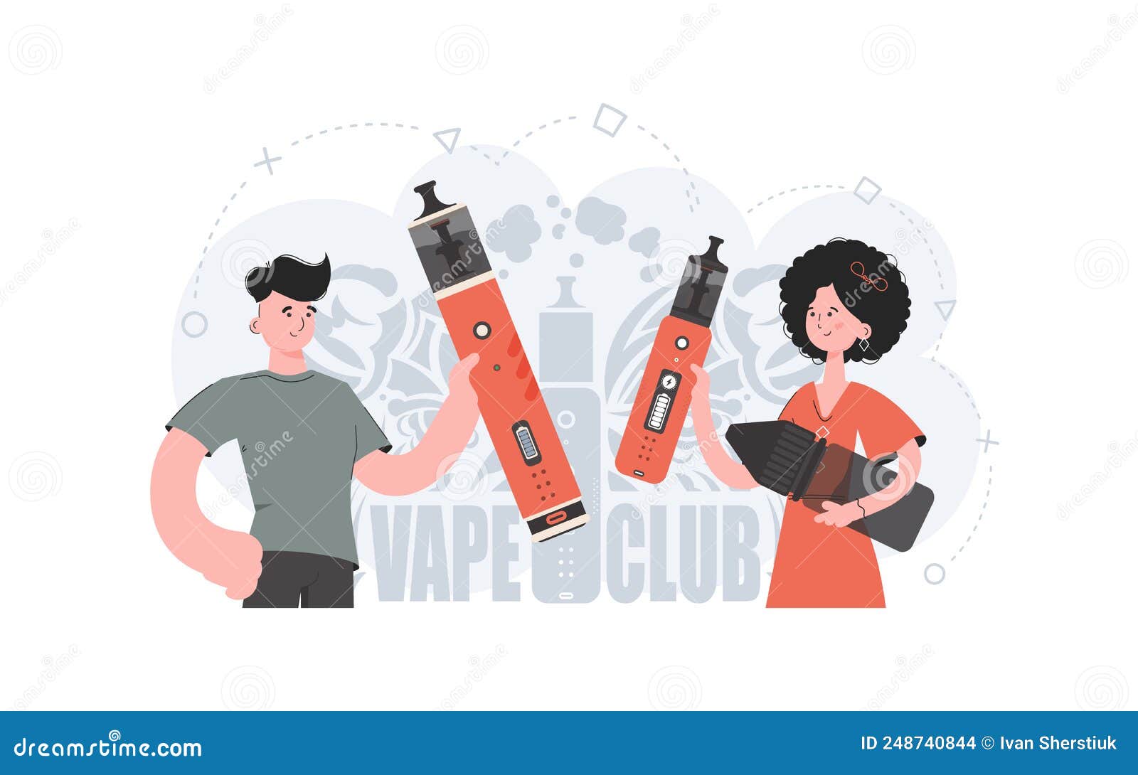 A Girl and a Guy are Holding a Vaping System in Their Hands. Flat Style ...