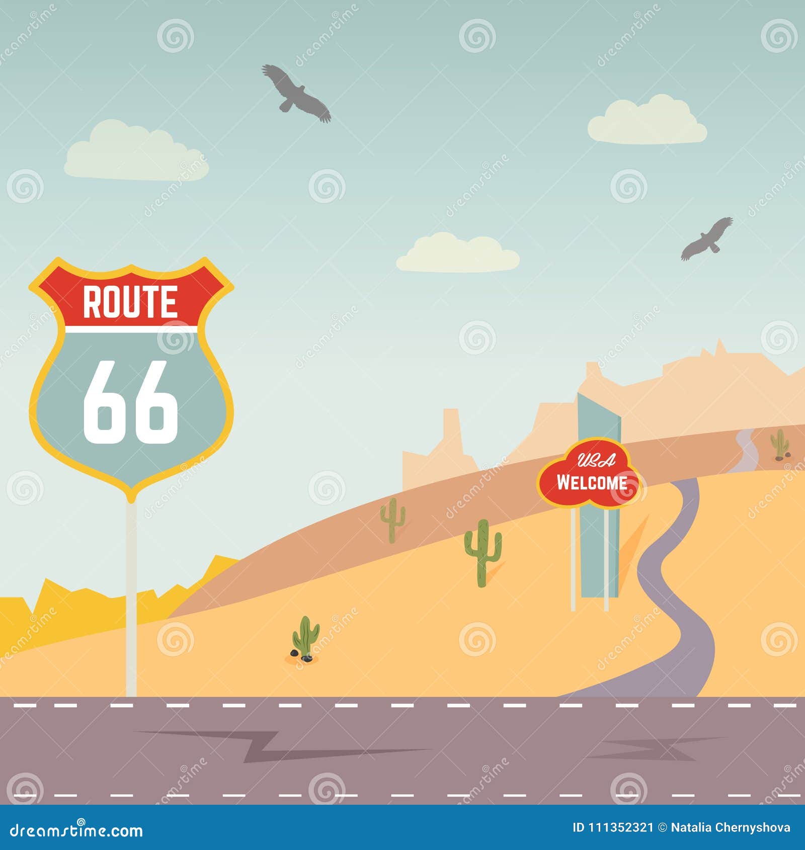 Vector Illustration of USA Route 66 and Landscape. Stock Vector ...