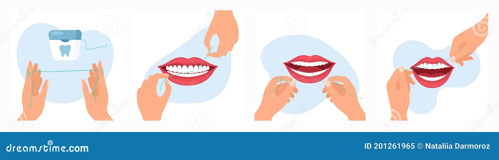 Vector Illustration of Using Dental Floss Routine. Instruction How To ...