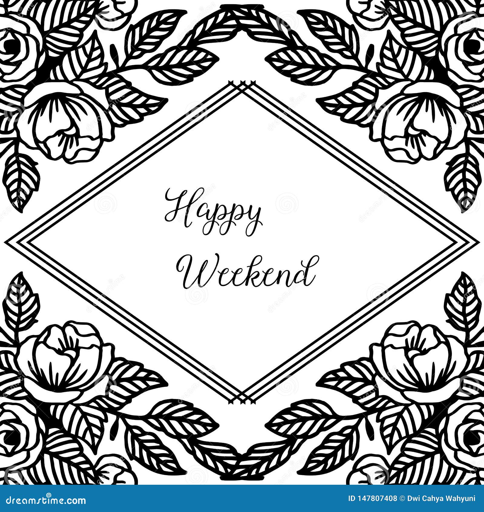 Vector Illustration Various Flower Frame with Lettering Happy Weekend ...