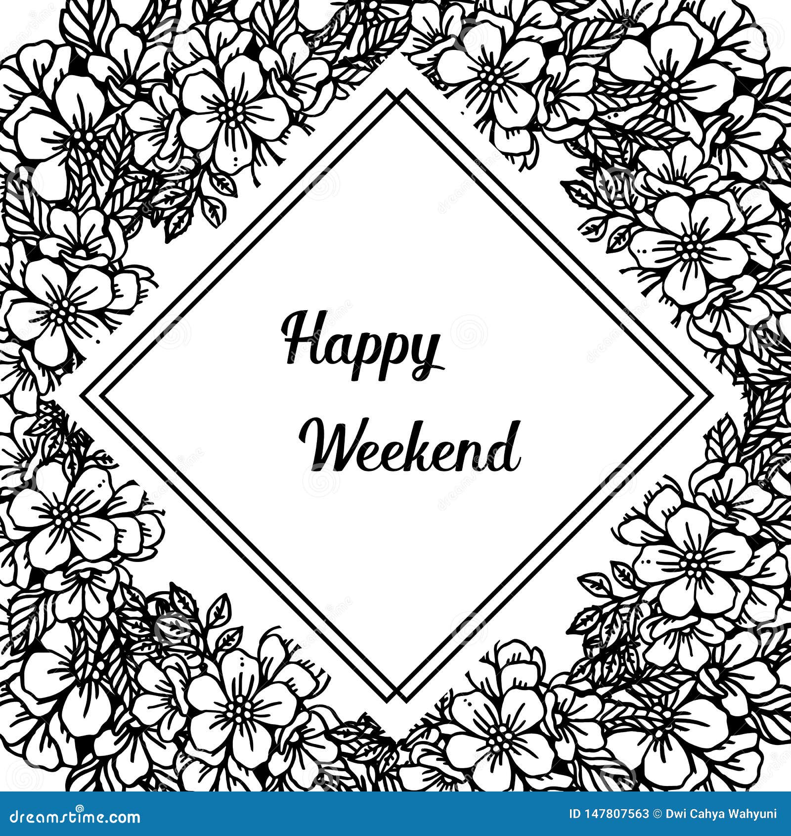 Vector Illustration Various Flower Frame with Lettering Happy Weekend ...