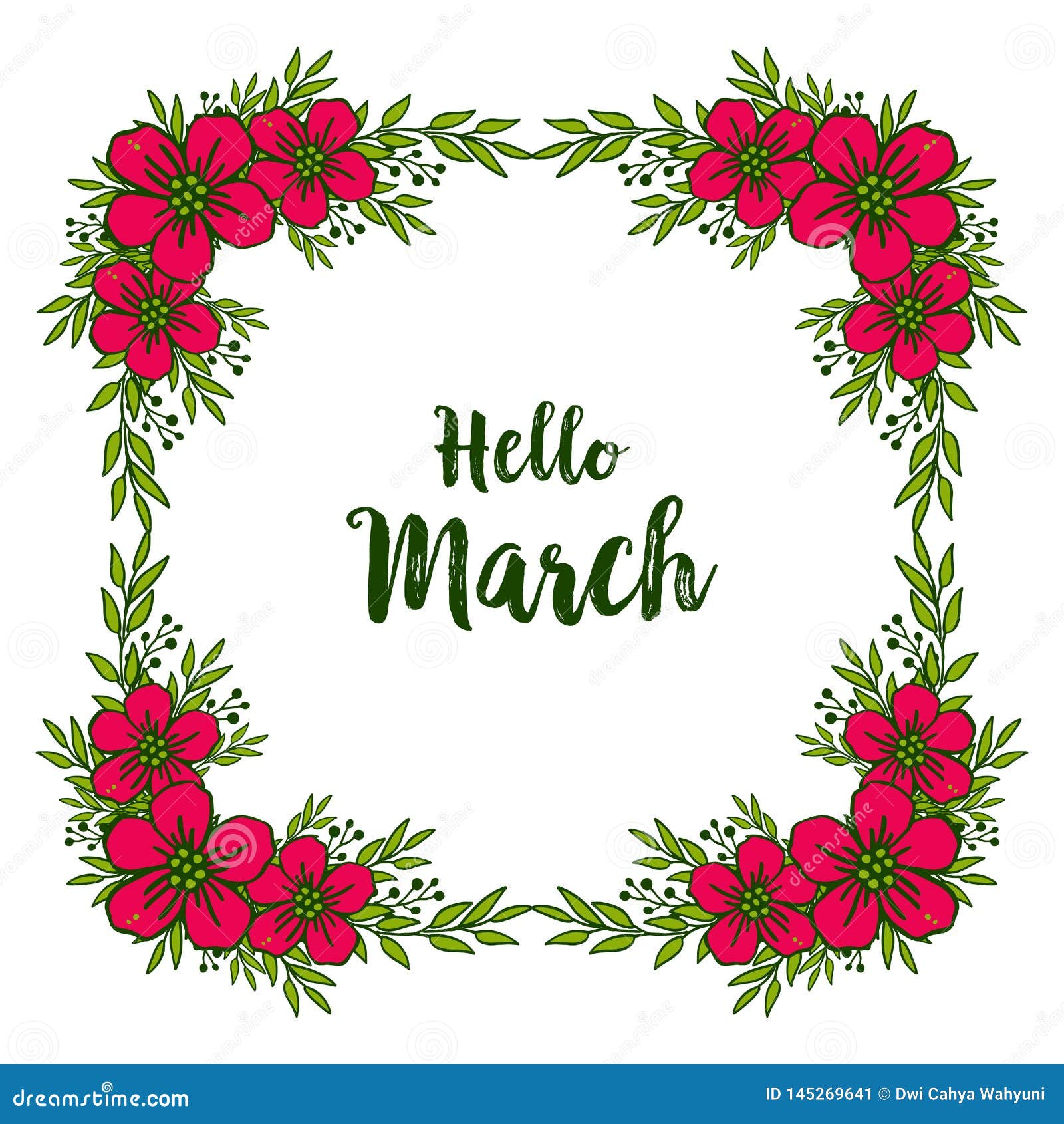 Vector Illustration Various Flower Frame with Writing Hello March Stock ...