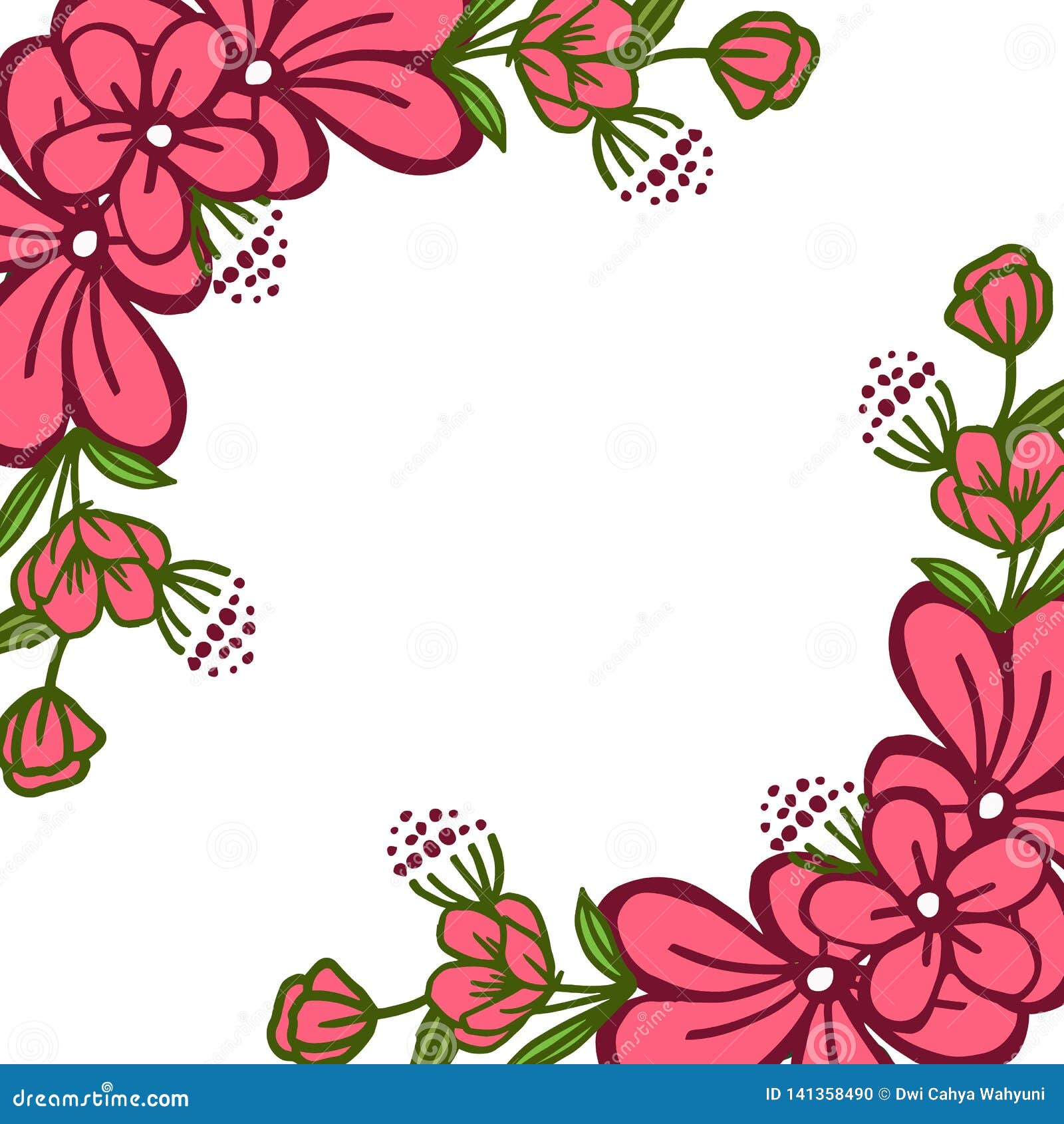 Vector Illustration Various Shape Pink Flower Frame with Green Leaves ...