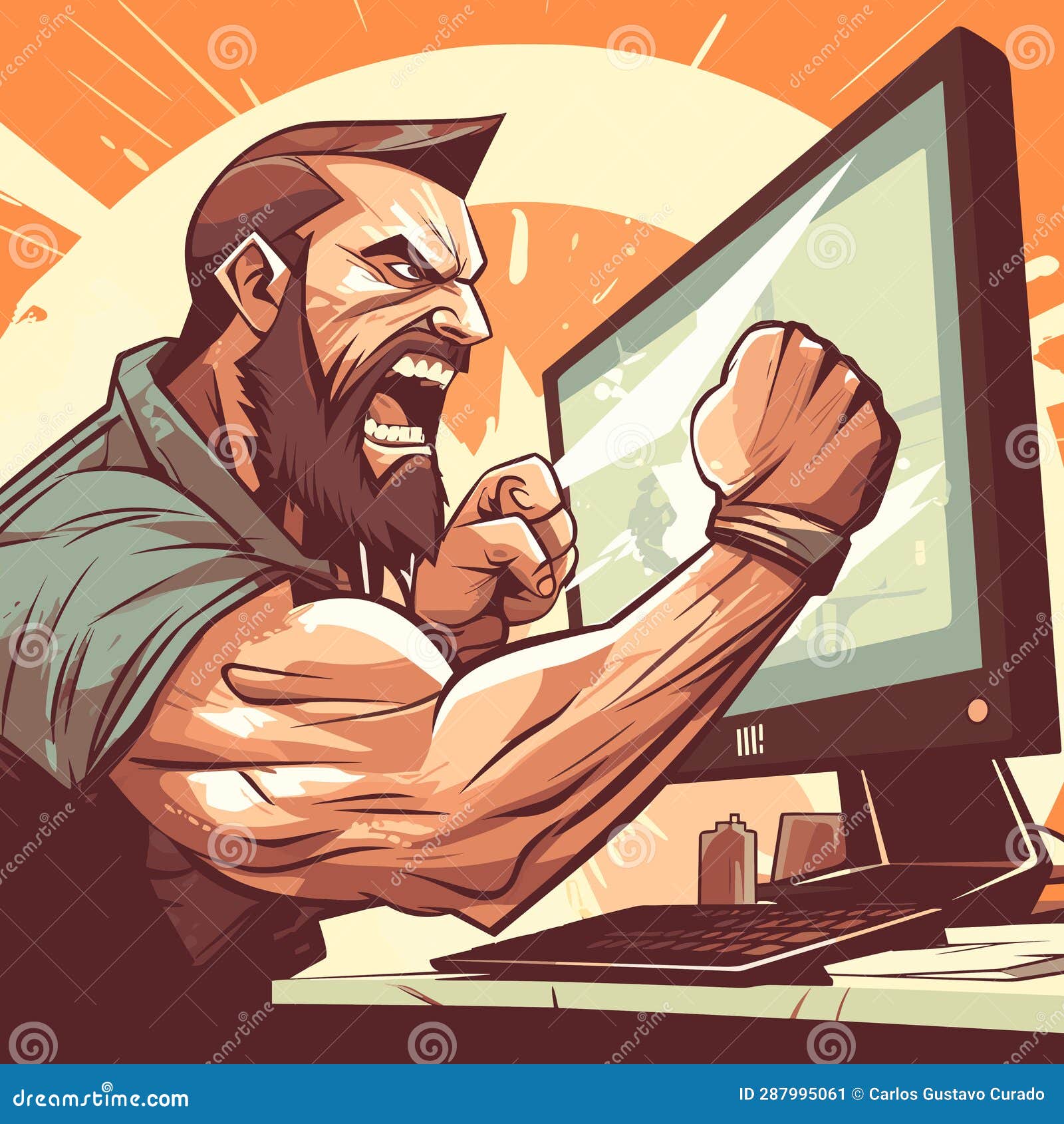 An Angry Bearded Man, Screaming at a Computer Screen Stock Vector ...