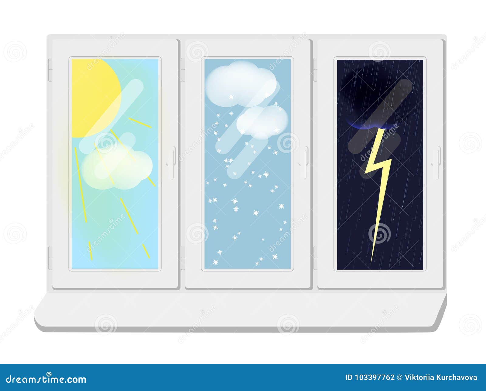 Vector Illustration of a View from the Window of Weather. Snow, Sun ...