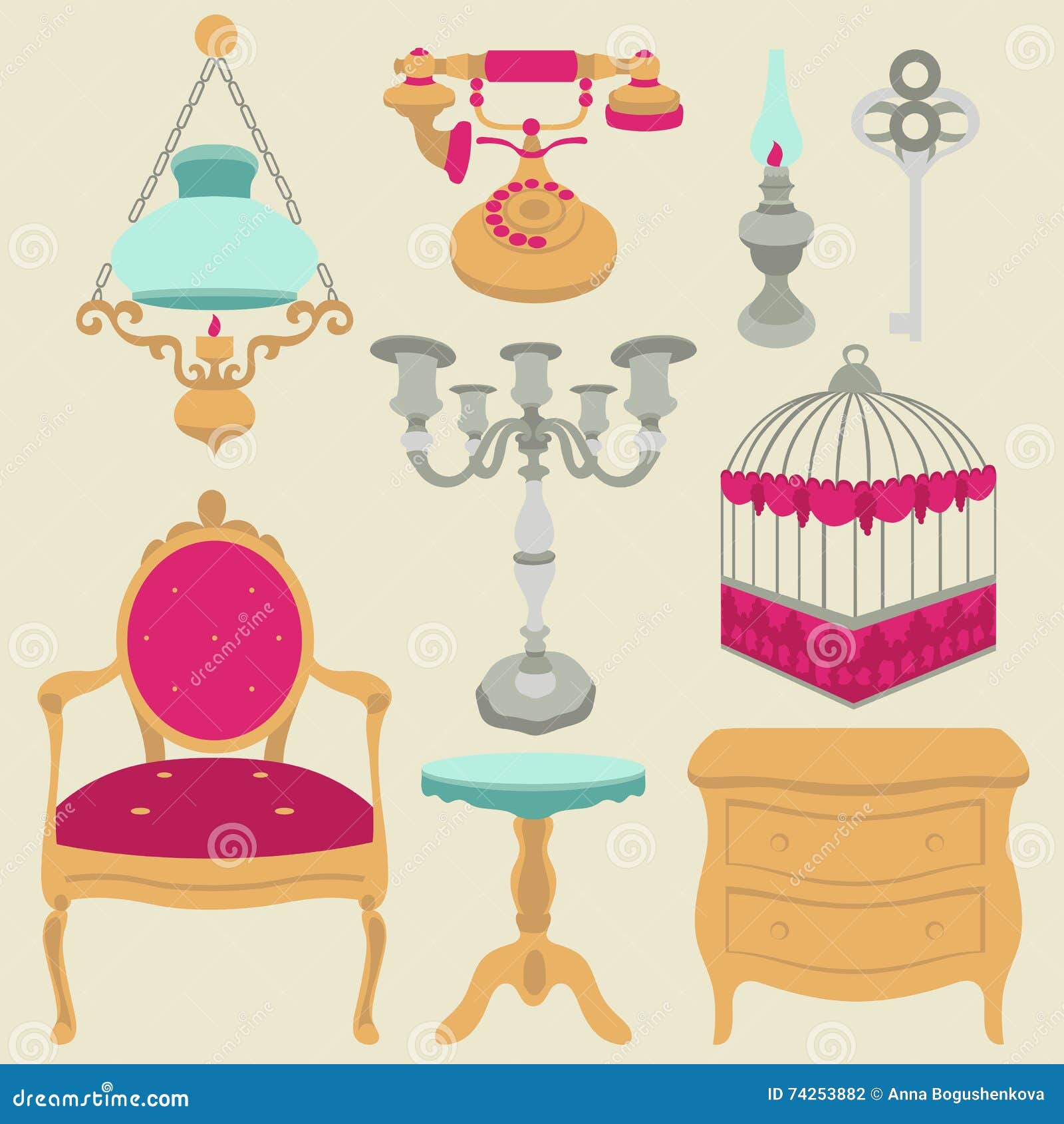 Vector Illustration of Vintage Retro Decor Items Stock Illustration ...