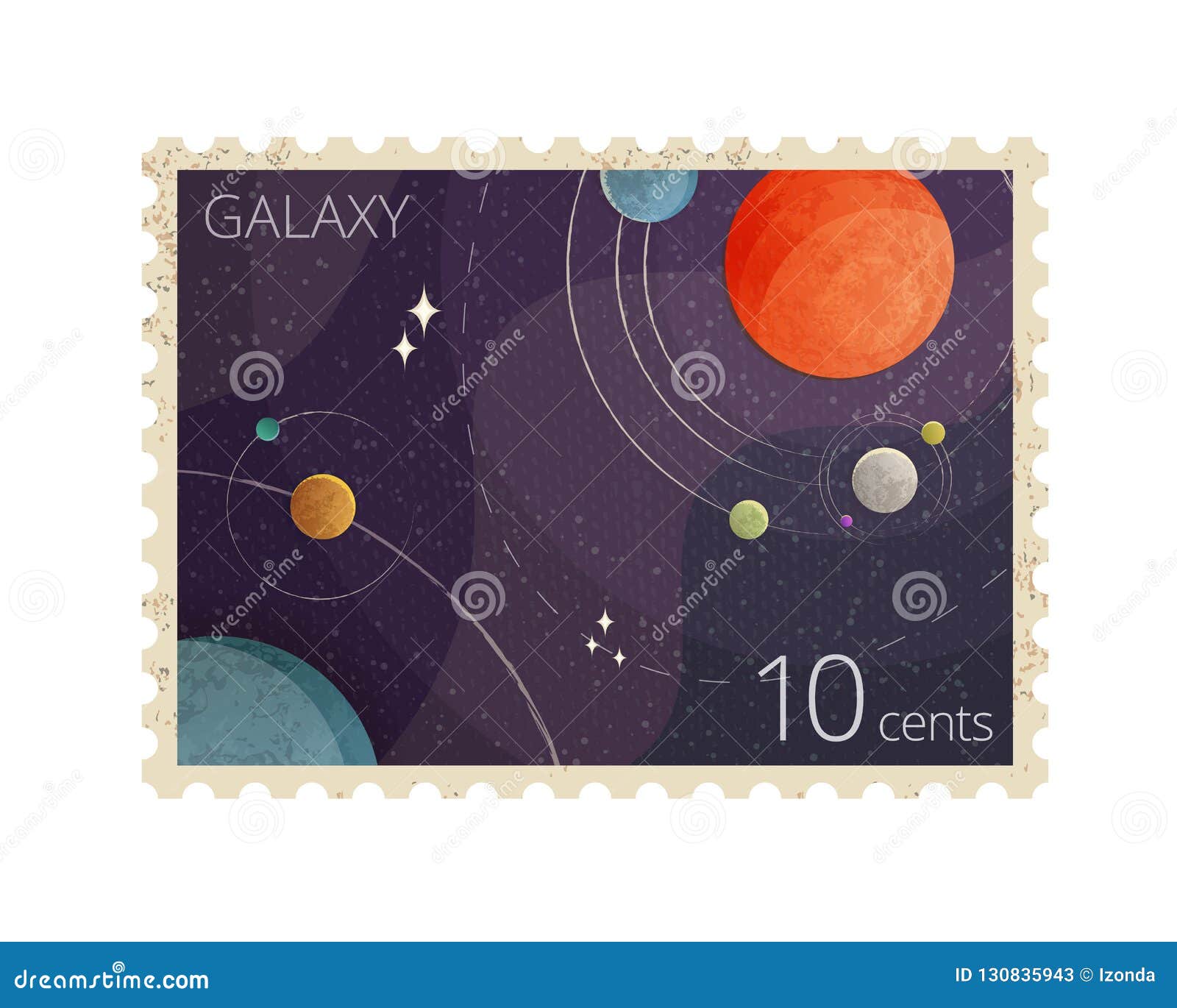Vector Illustration of Vintage Space Postage Stamp with Planets Shows ...