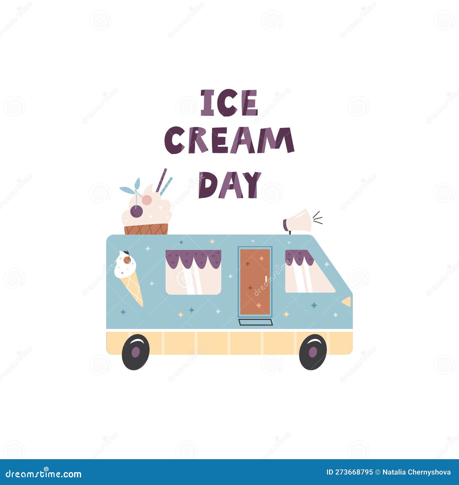 Vector Illustration of Wagon with Ice Cream and Colorful Text Stock ...