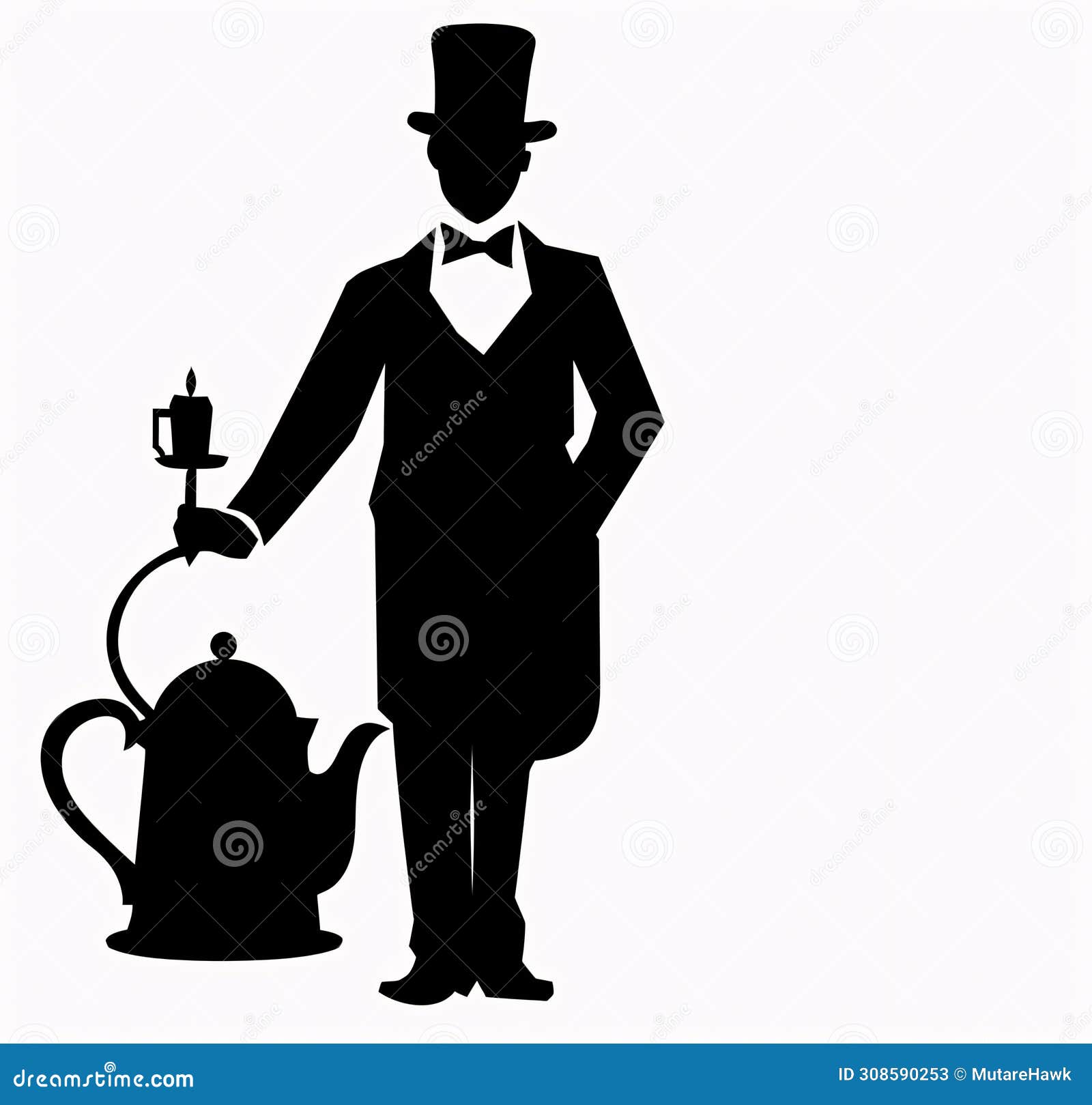 Black Silhouette, Tattoo of a Waiter with Kettle on White Background ...