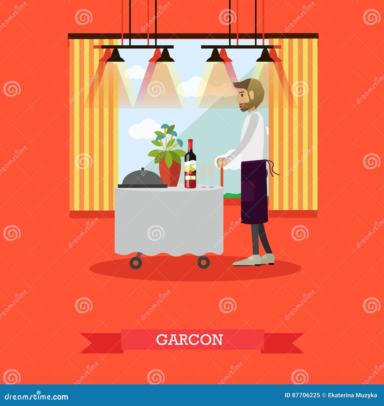 Vector Illustration of Waiter Standing at Table in Flat Style Stock ...