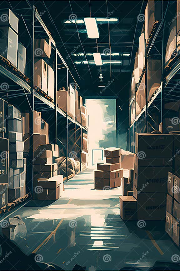 Vector Illustration of Warehouse Interior with Rows of Boxes on Shelves ...