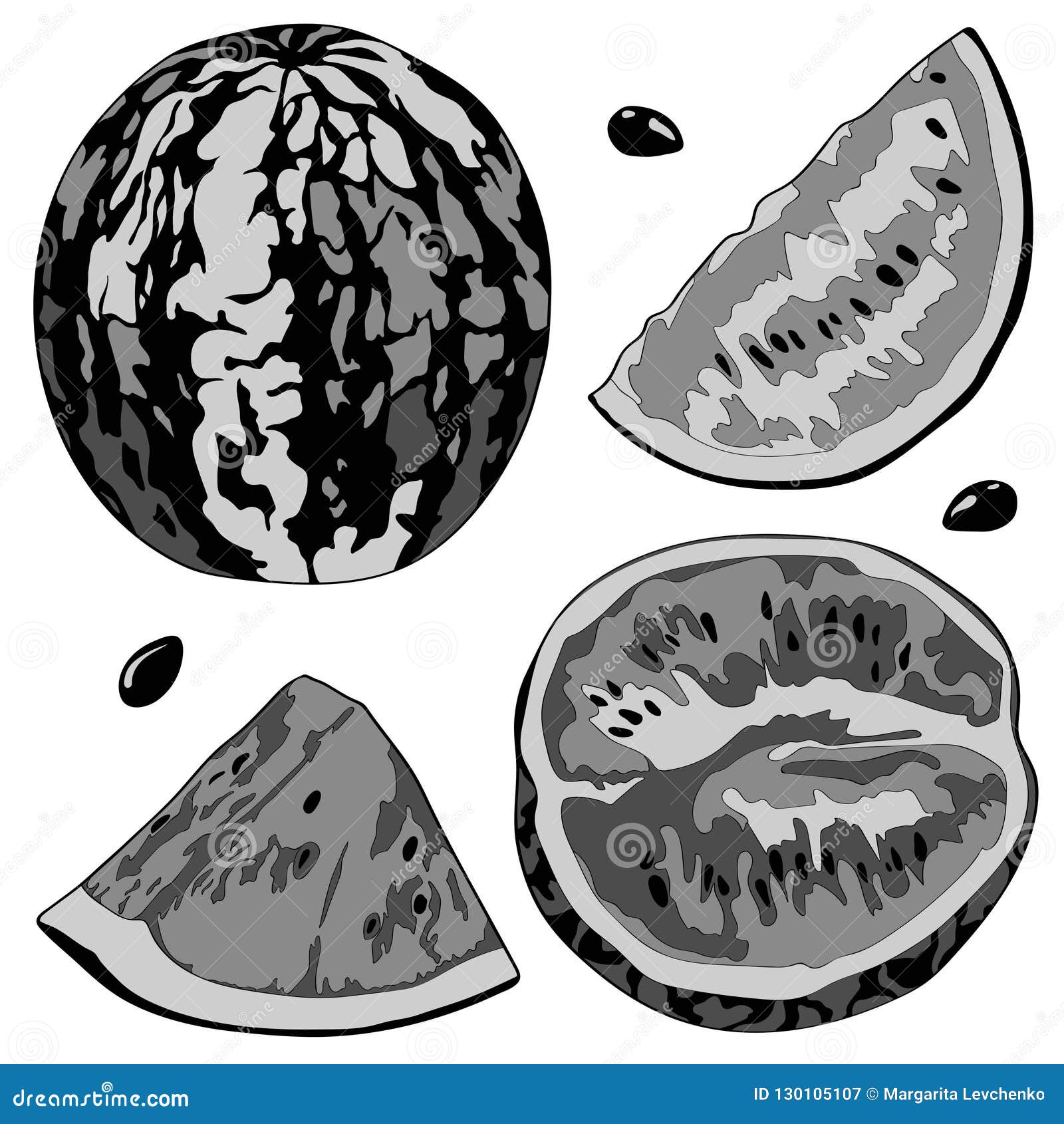 Vector Illustration of a Watermelon, Half Watermelon, a Slice of ...