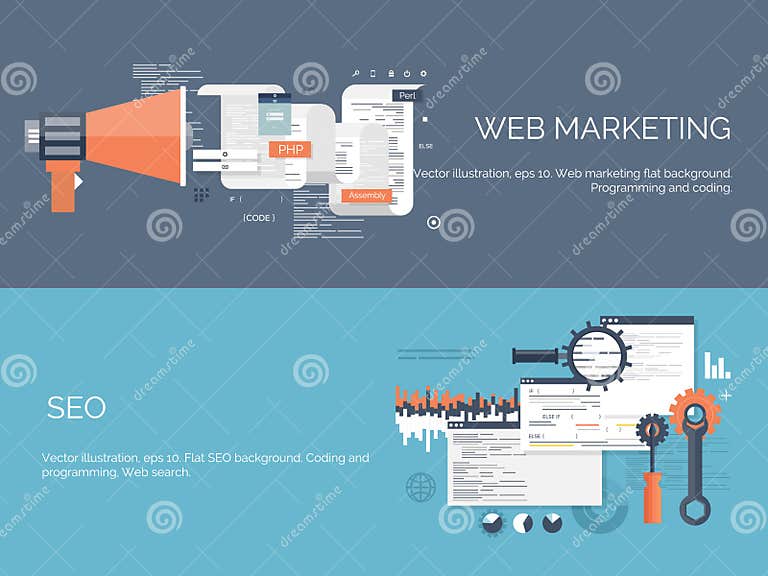 Vector Illustration. Web Search. Flat Computing Background. Programming ,coding. Development ...