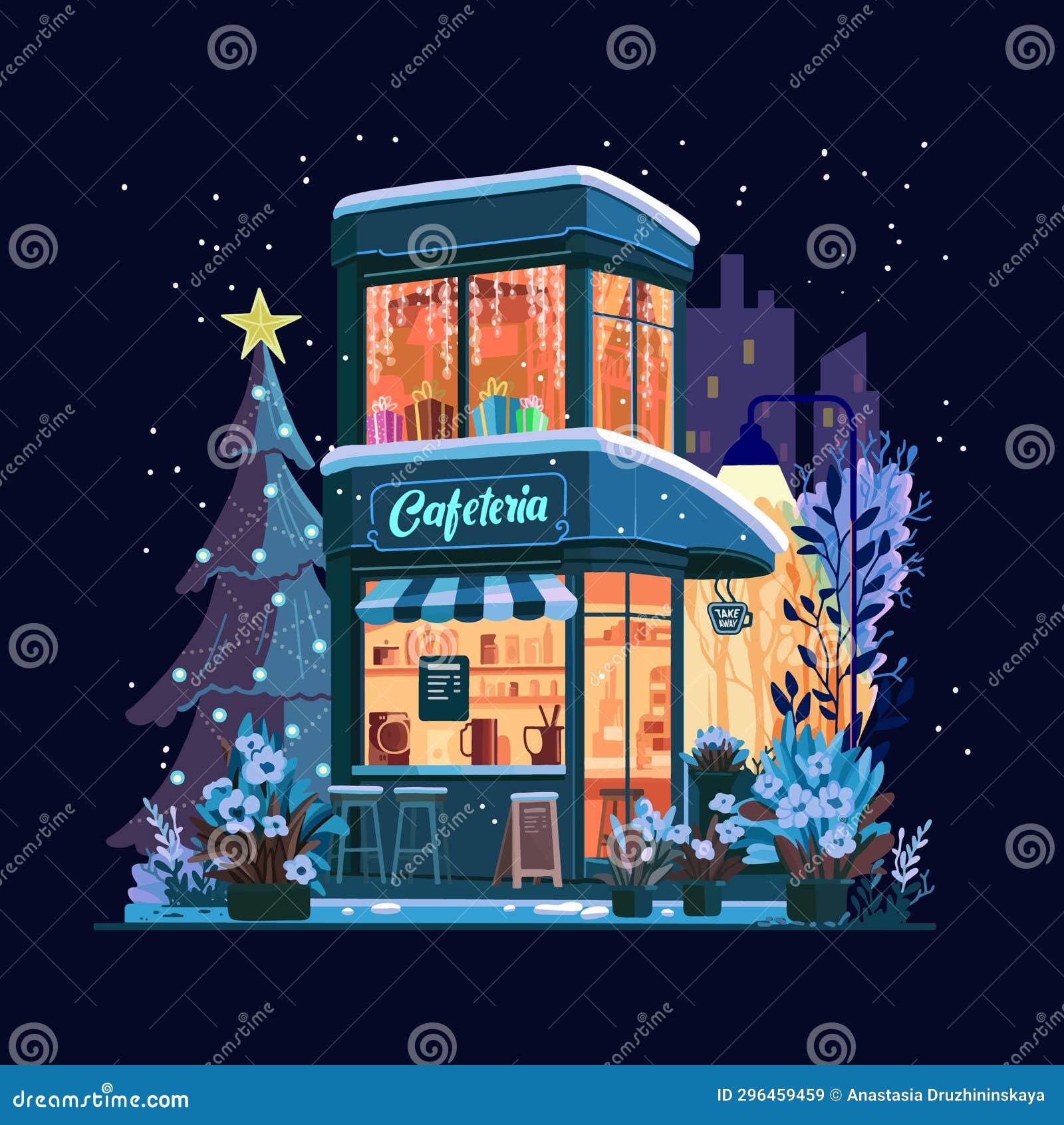 Vector Illustration Winter Cafe, Flat Design, Night Cafe, Two-story ...