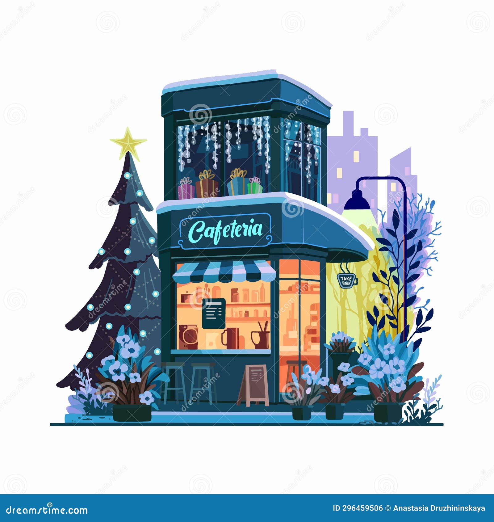 Vector Illustration Winter Cafe, Flat Design, Night Cafe, Two-story ...