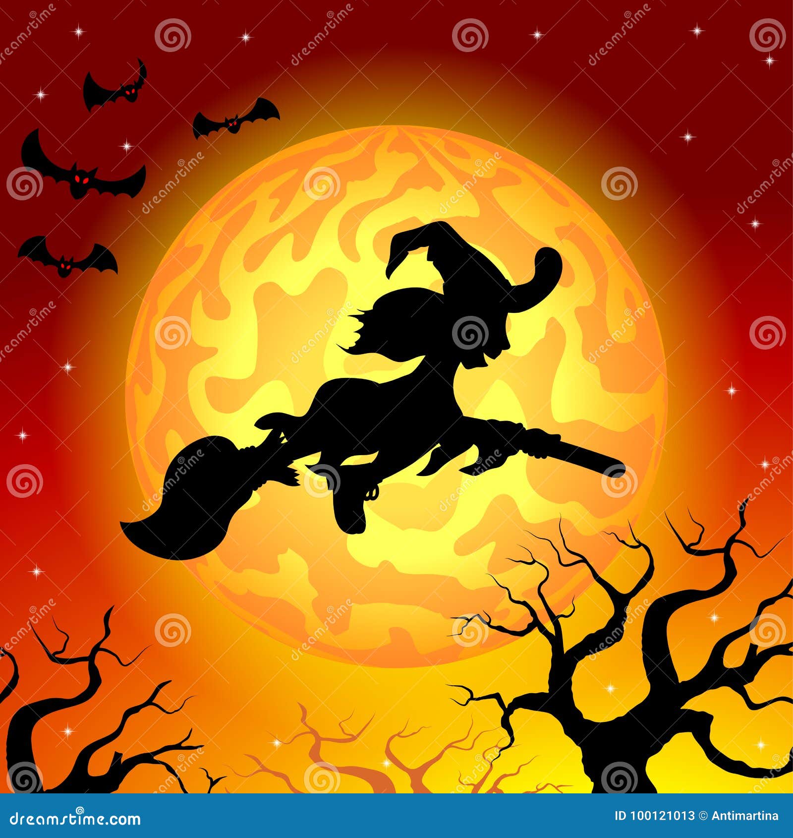 Witch flying over the moon stock vector. Illustration of holiday ...