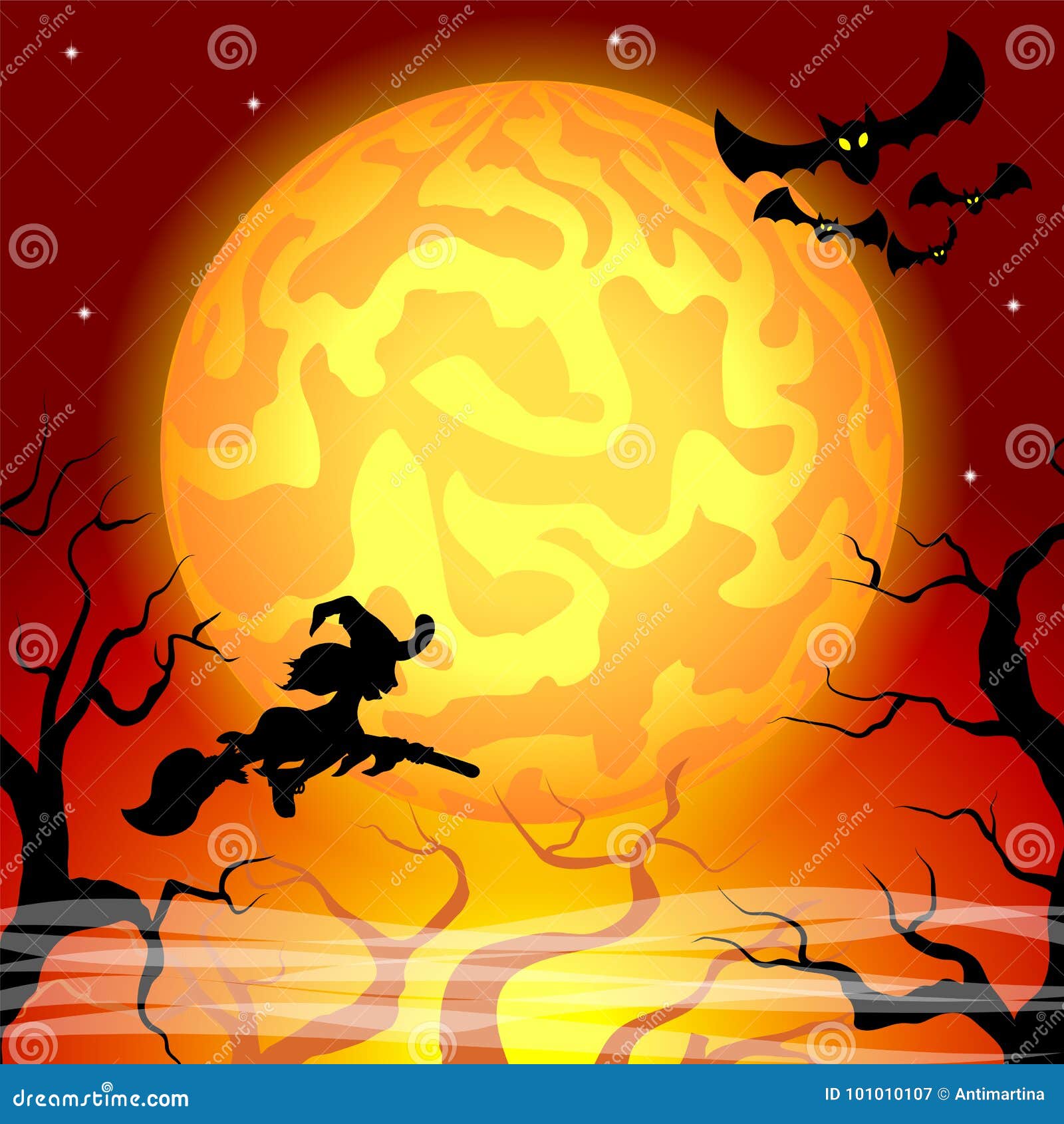 Witch flying over the moon stock vector. Illustration of moon - 101010107