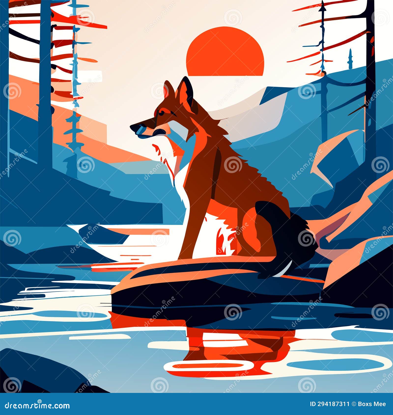 Vector Illustration of a Wolf Sitting on a Surfboard in the Lake ...