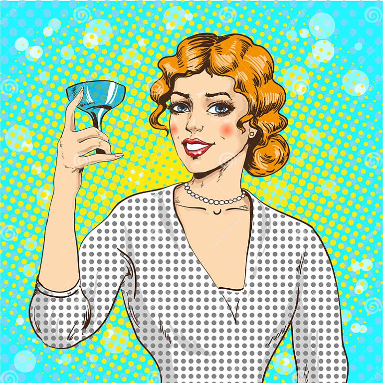 Vector Illustration Of Woman With Cocktail In Pop Art Style Stock