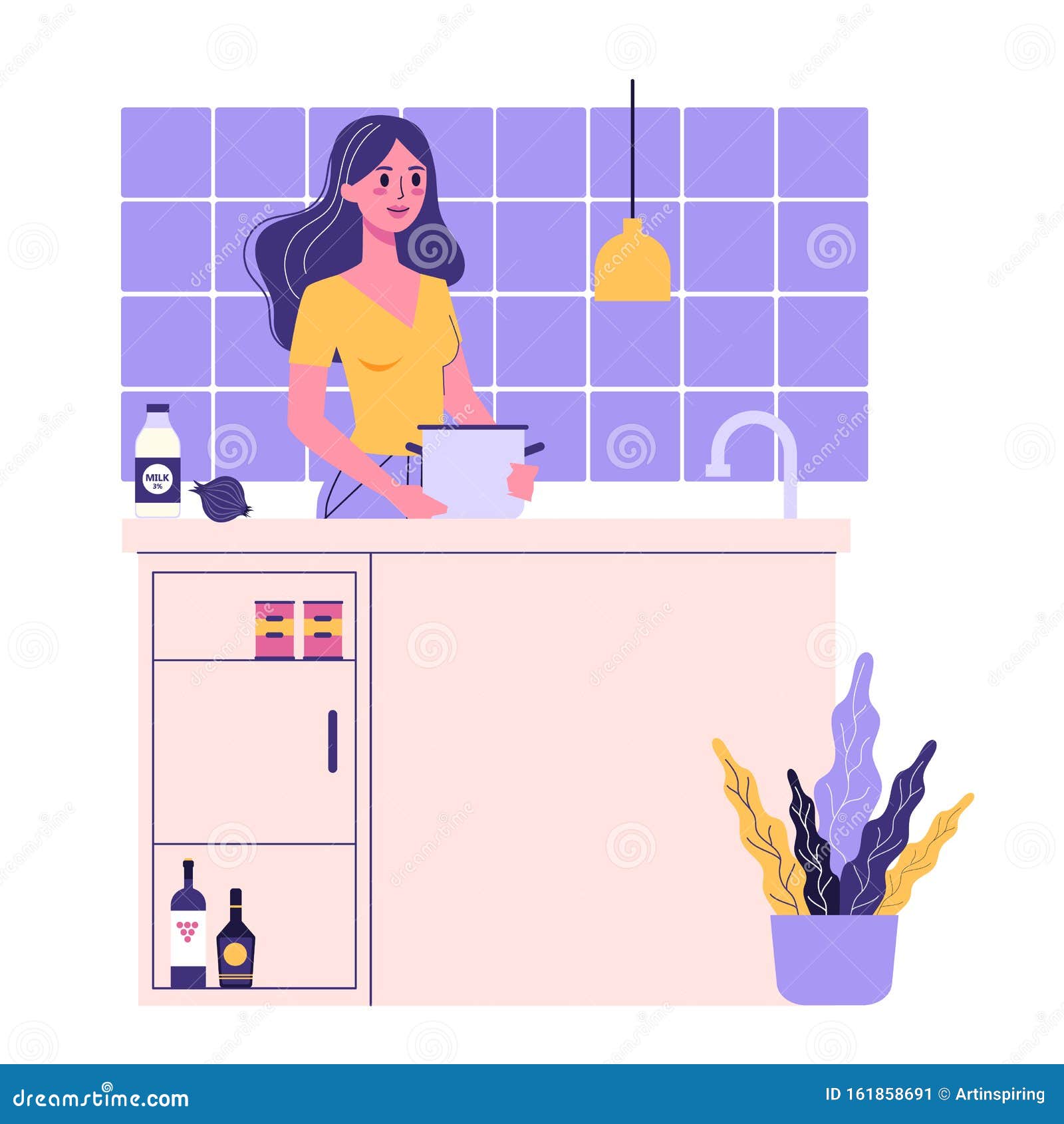 Vector Illustration of a Woman Cooking in a Kitchen. daily Part of Girl ...
