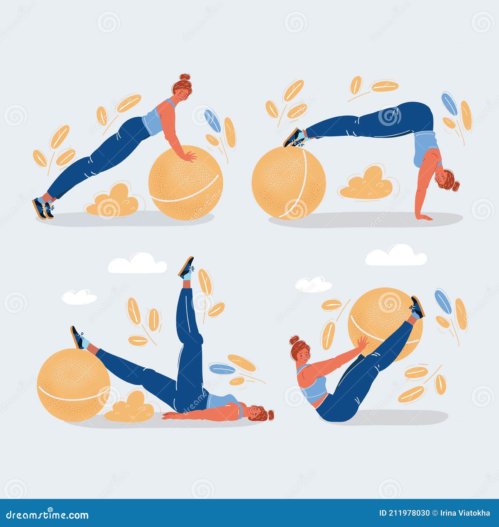 Vector Illustration of Woman Exercise with Ball Set on White. Stock ...