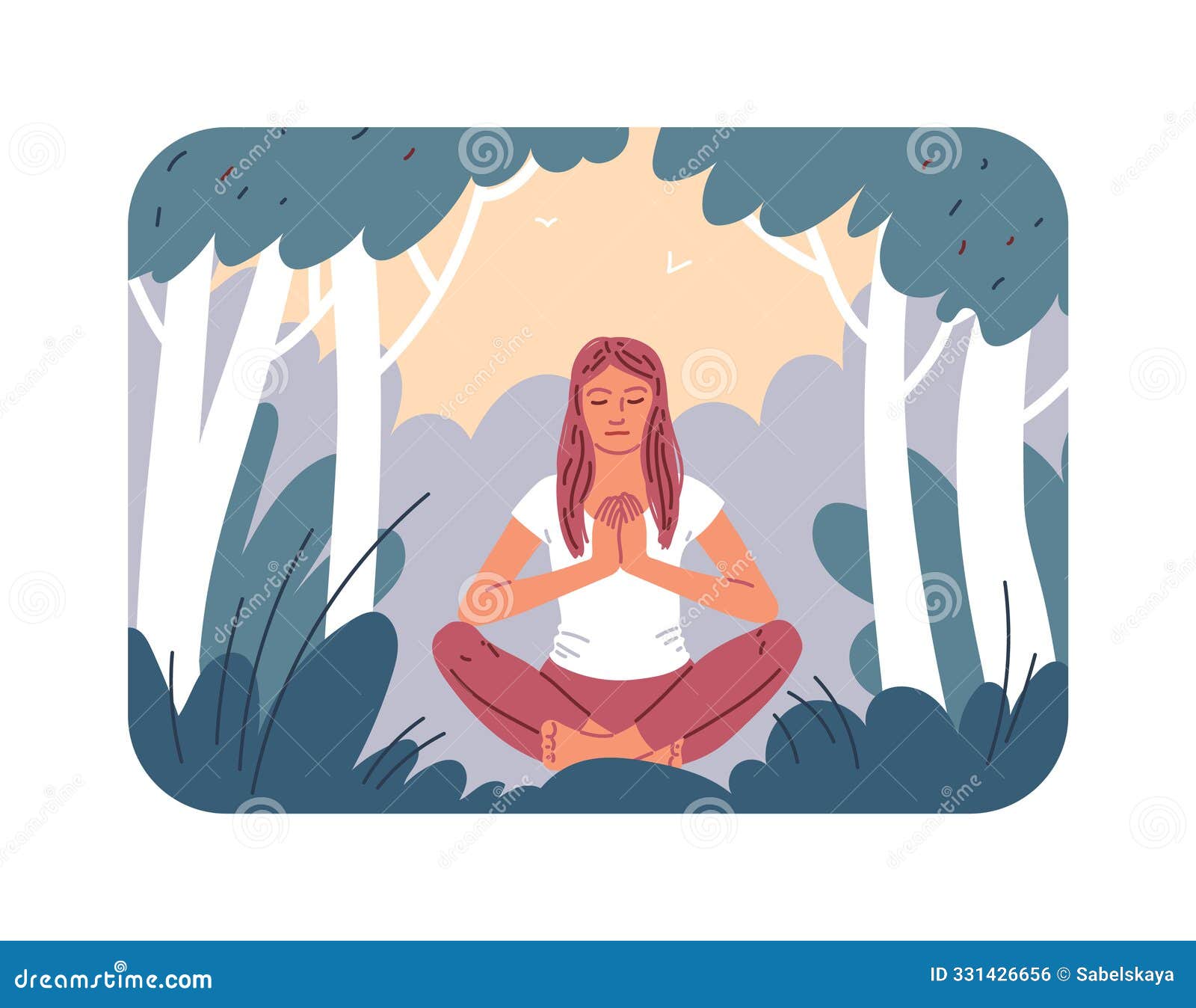 Vector Illustration of a Woman Meditating in the Forest. Stock ...