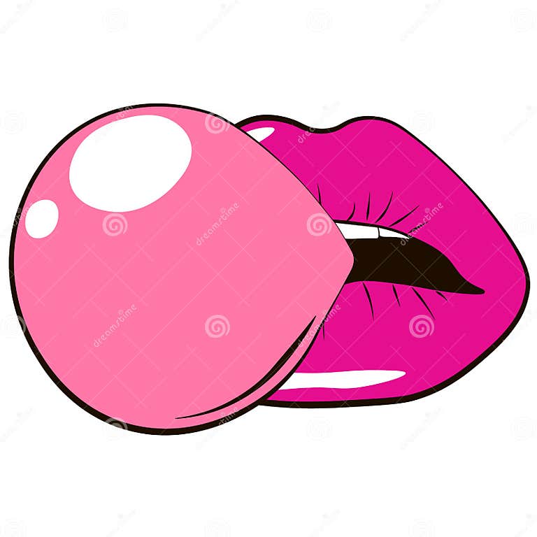 Vector Illustration Woman Pink Lips With Gum Bubble Isolated On White
