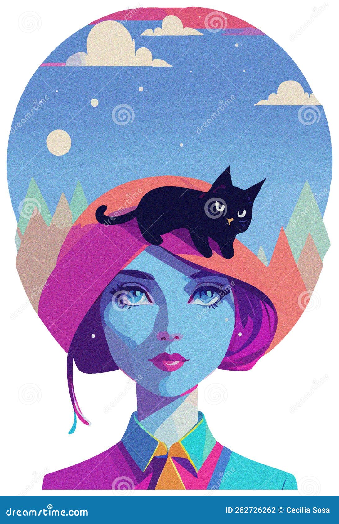 Vector Illustration, Woman Thinking about Cats Stock Illustration ...
