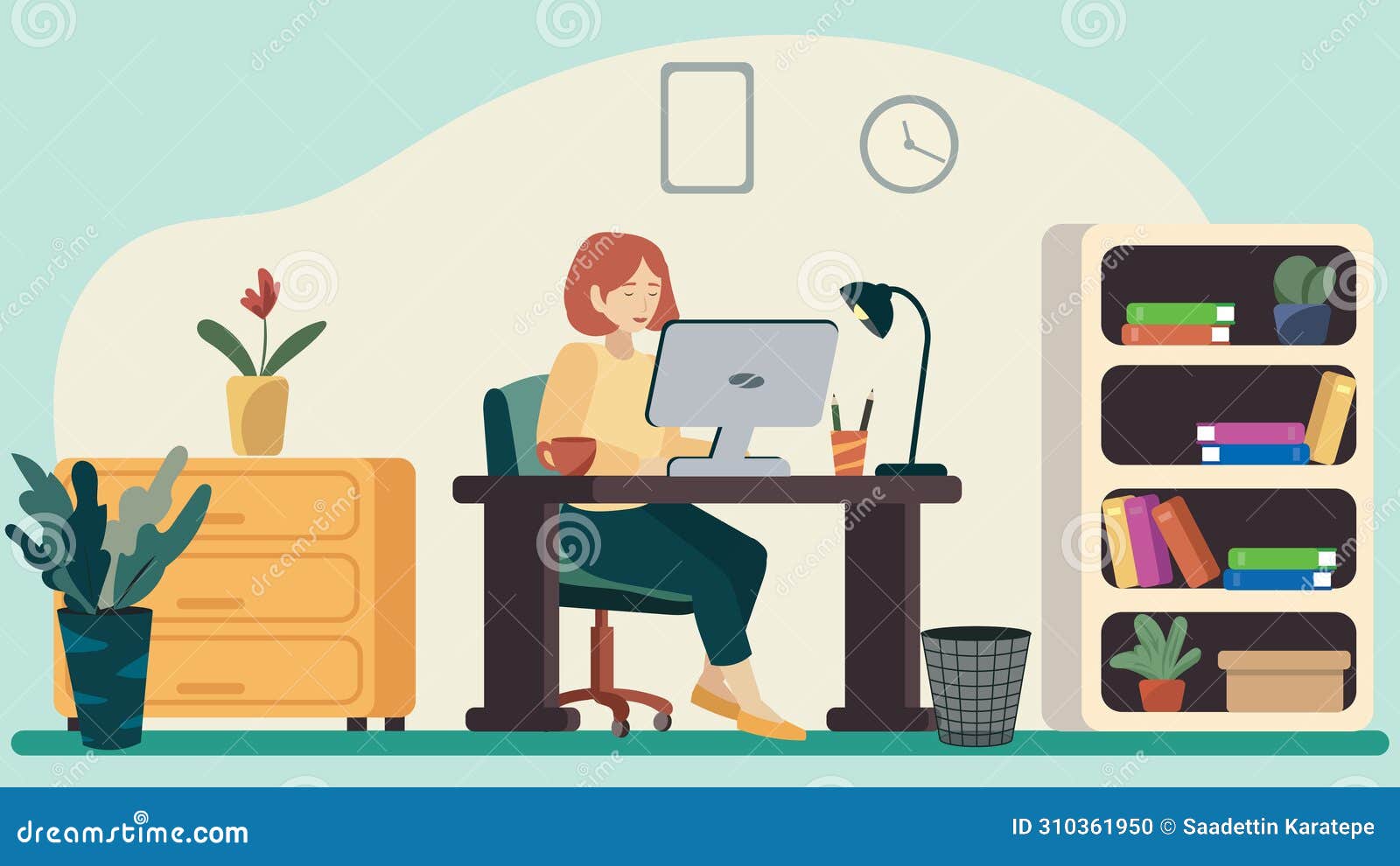 Vector Illustration of a Woman Working Efficiently at Her Home Office ...