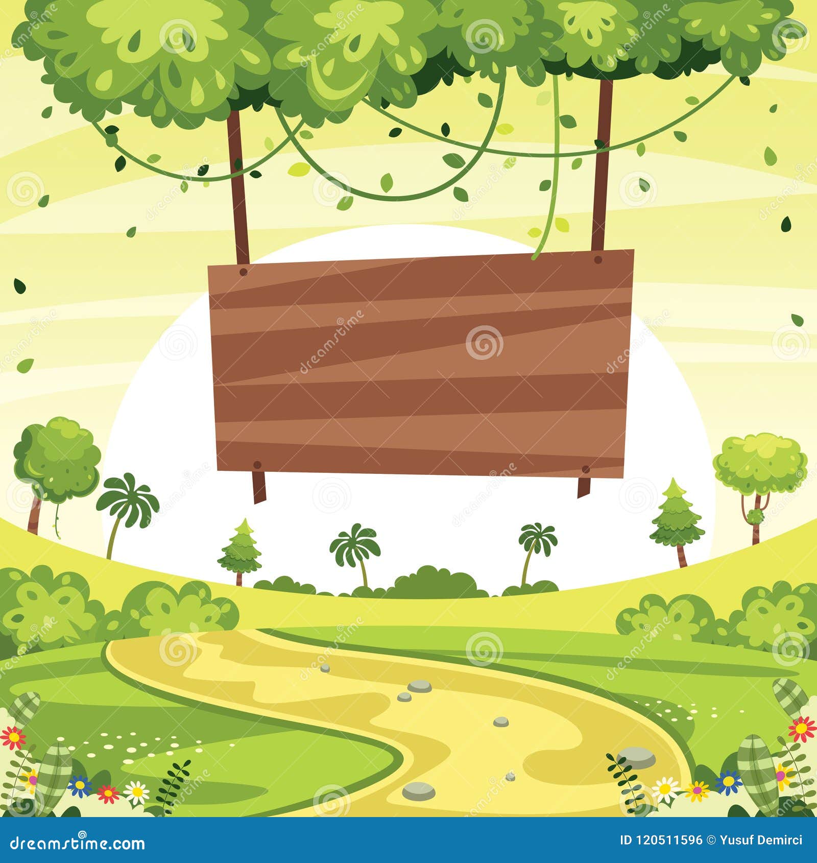 Vector Illustration of Wooden Signboard and Green Landscape Stock ...