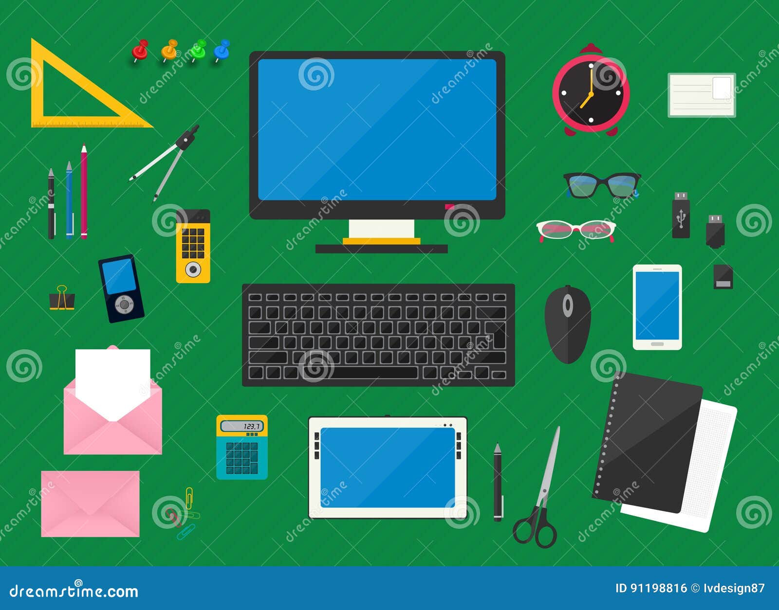 Vector Illustration of Workplace with Computer Devices, Office Objects ...