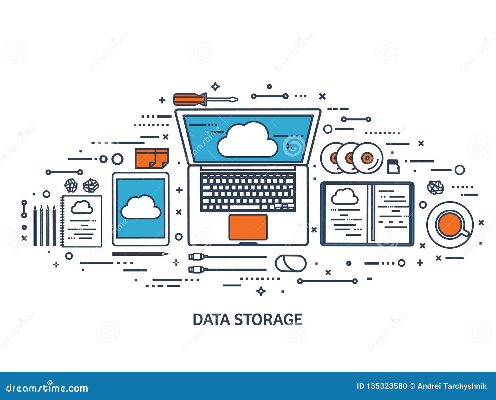 Vector Illustration. Workplace, Table with Documents, Computer. Flat ...
