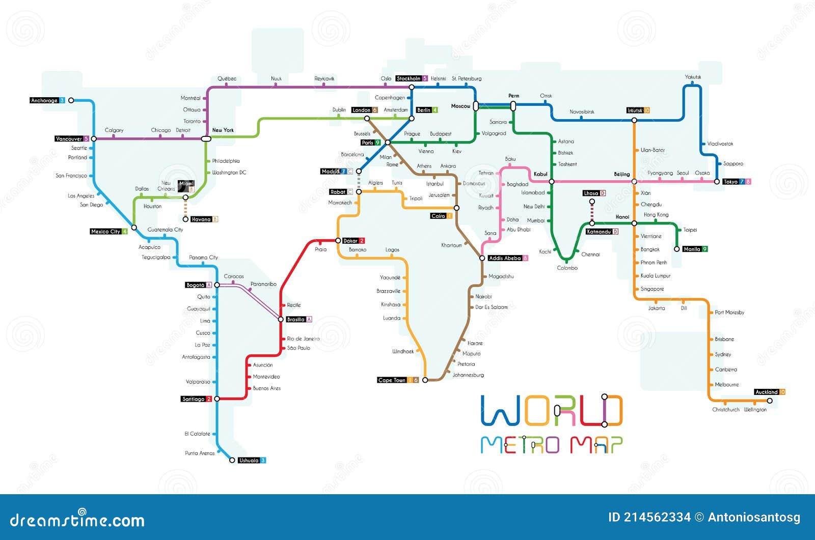 Vector Illustration of a World Map Designed As a Subway Map Stock ...