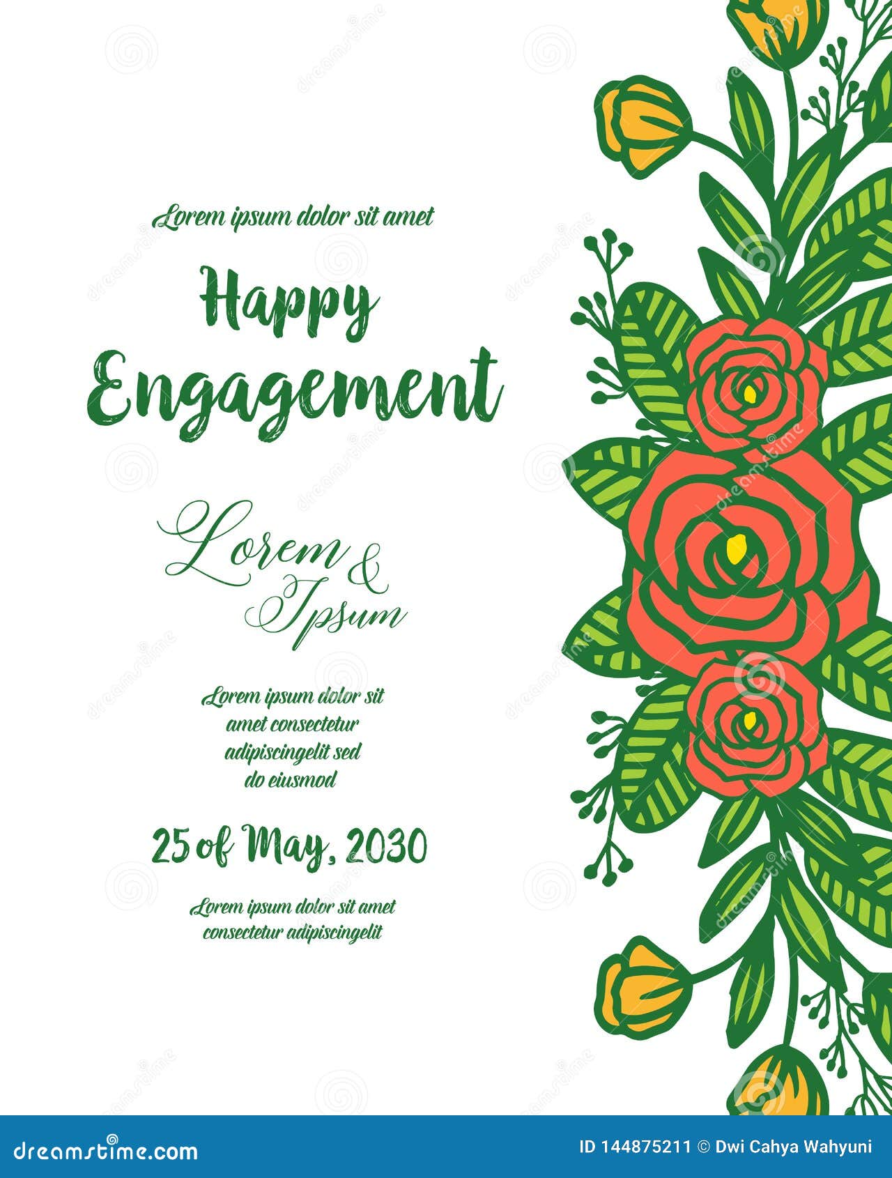 Vector Illustration Writing of Happy Engagement with Floral Frame ...