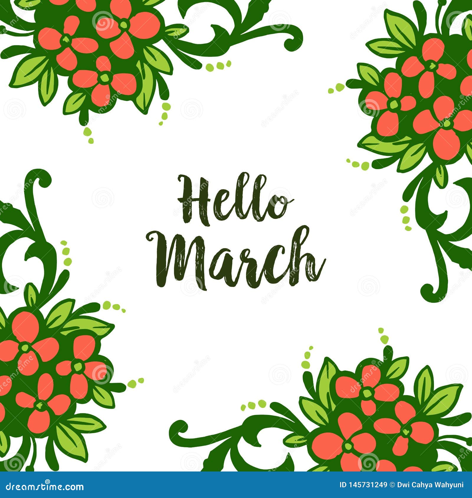 Vector Illustration Writing Hello March with Drawing Flower Frame Stock ...
