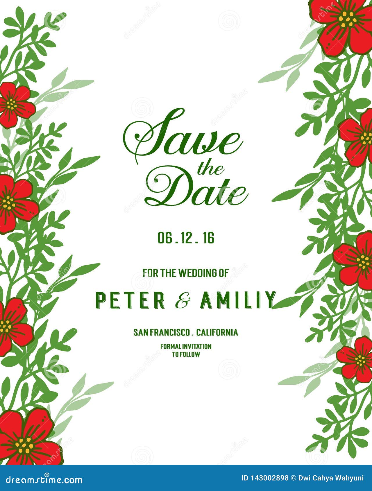 Vector Illustration Writing Save the Date with Pattern Art Red Flower ...