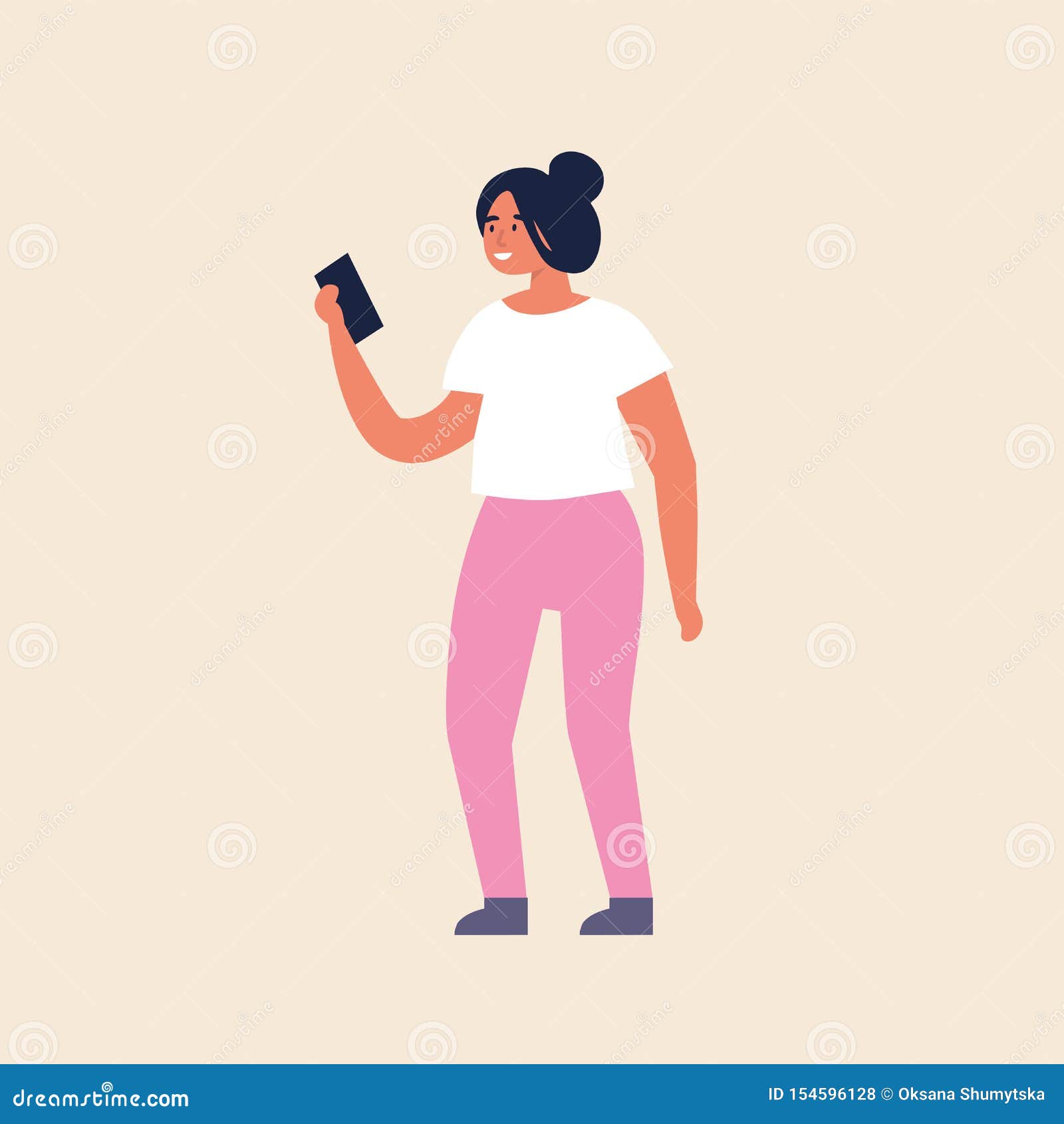 Vector Illustration Young Girl Standing and Using Mobile Device. Stock ...
