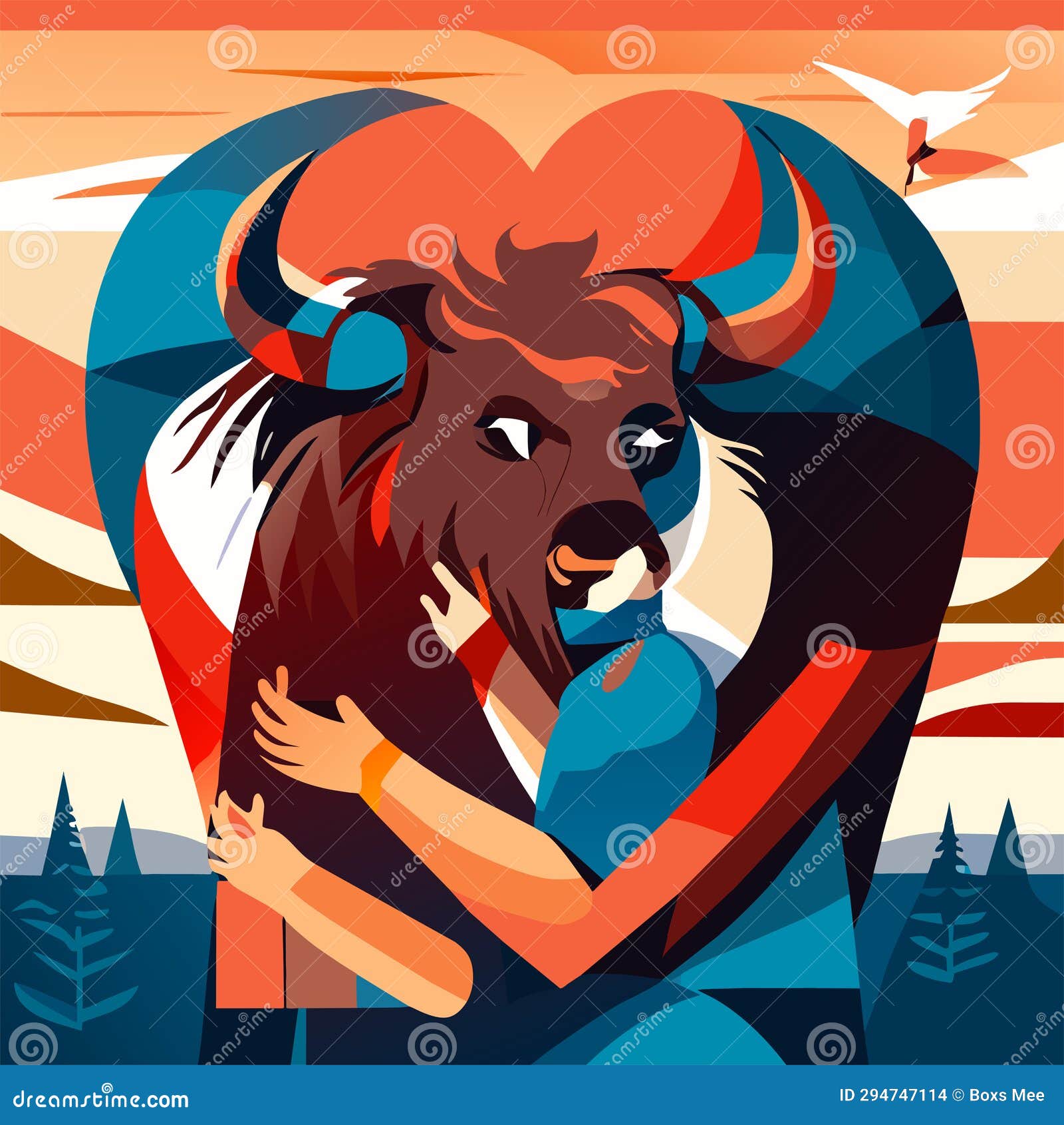 Vector Illustration of a Young Man Hugging a Buffalo in the Mountains ...