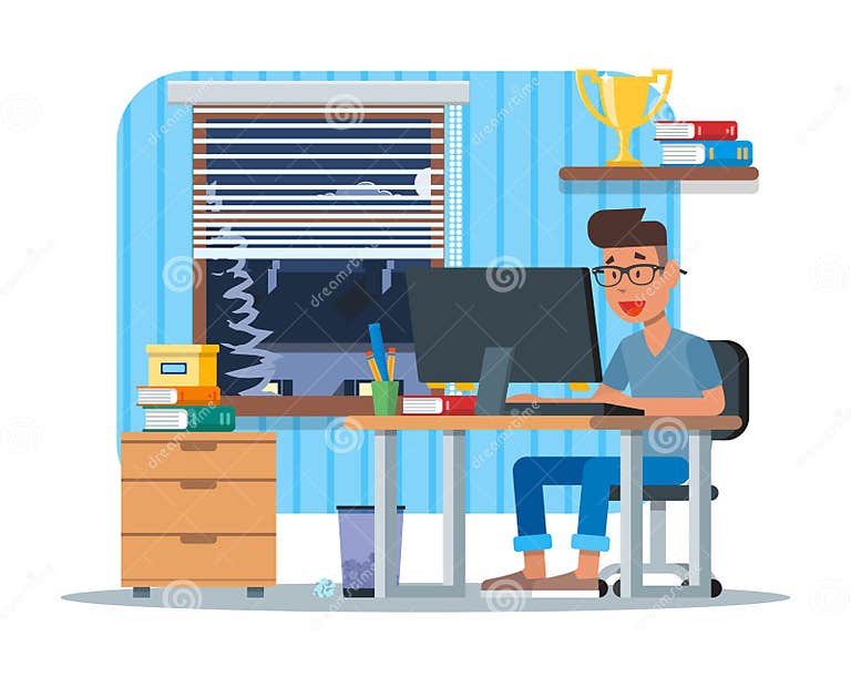 Vector Illustration of Young Man Working at Computer, Flat Design Stock ...
