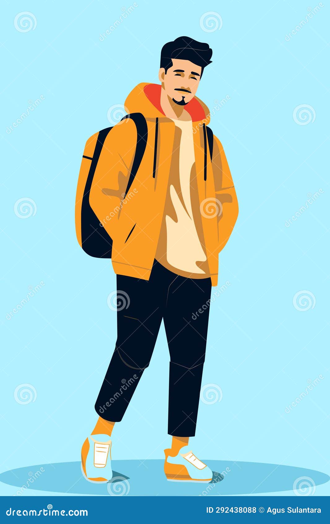 Vector Illustration of a Young Man in a Yellow Jacket with a Backpack ...