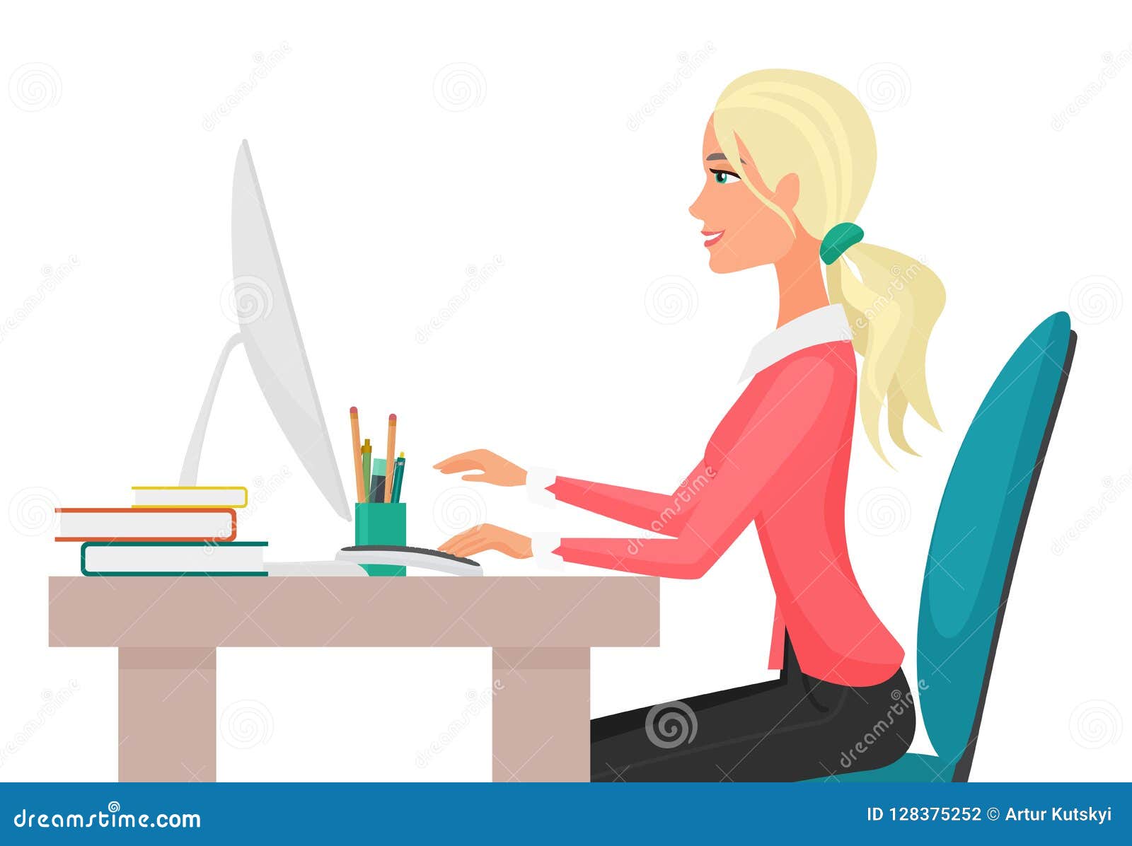 Vector Illustration Of A Young Pretty Woman Working On Desktop Computer