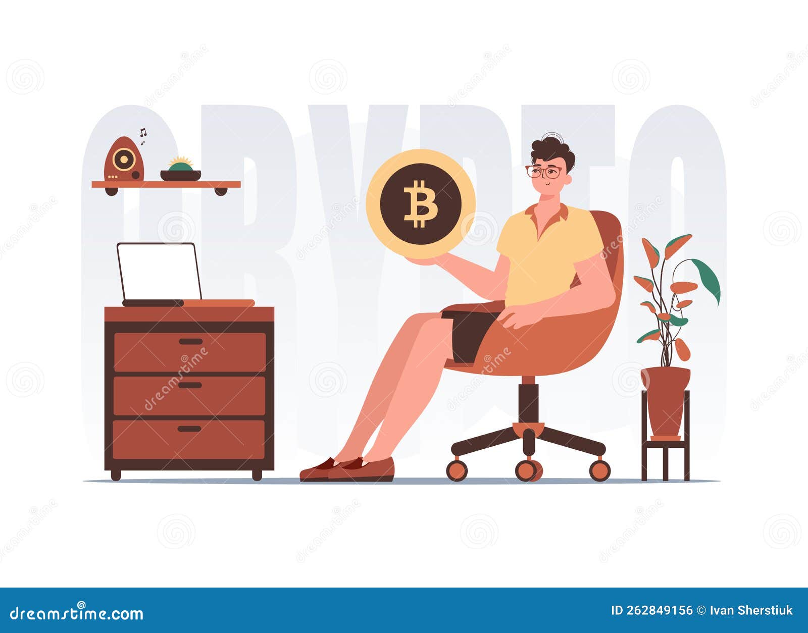 The Concept of Mining and Extraction of Bitcoin. the Guy Sits in a ...