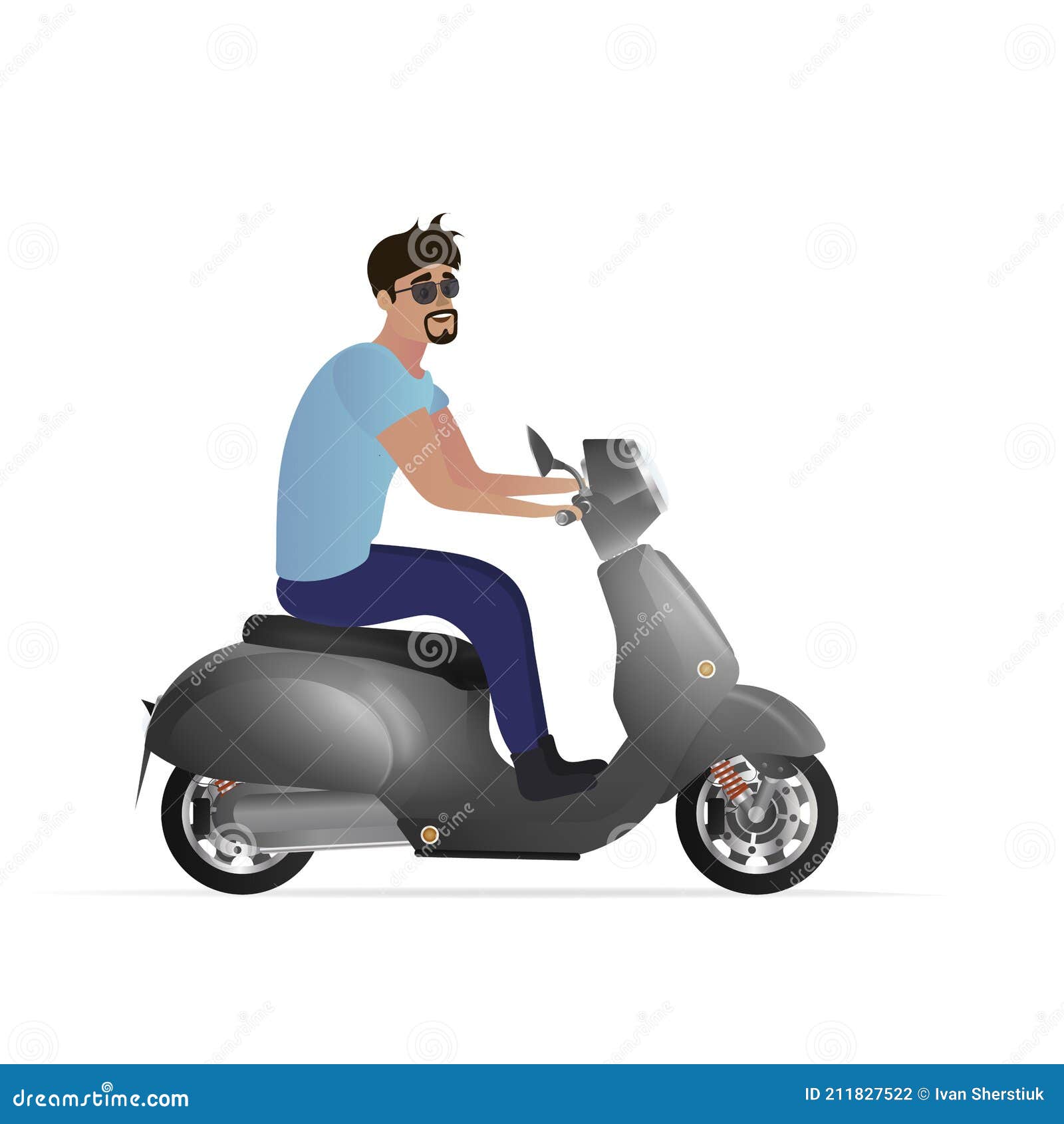 The Guy is Riding a Scooter. a Man on a Moped is Isolated on a White ...