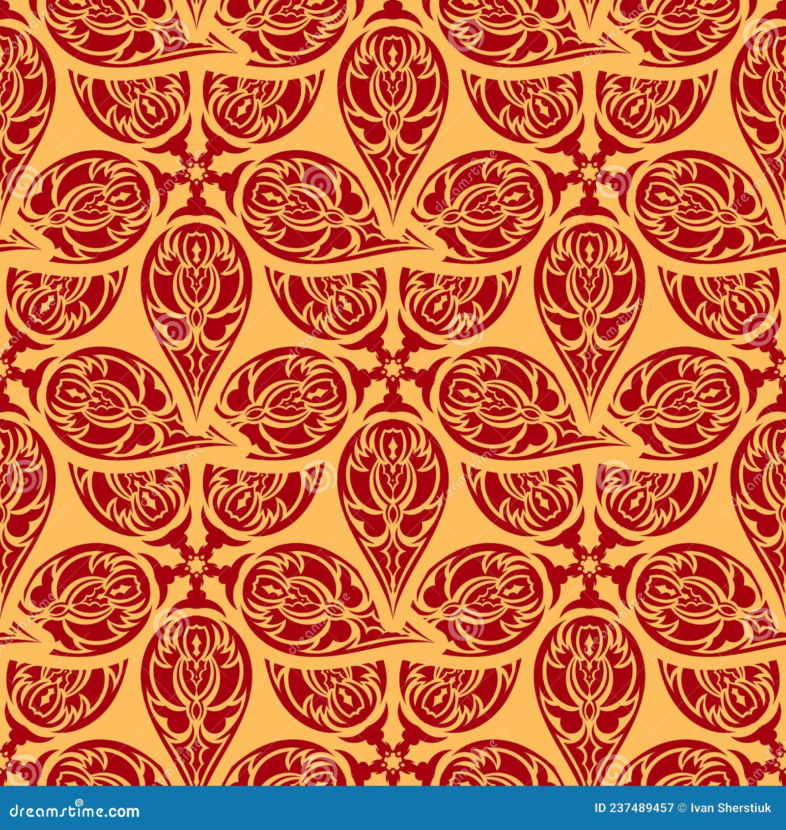 Red and Yellow Seamless Pattern with Vintage Ornament. Vector Stock ...