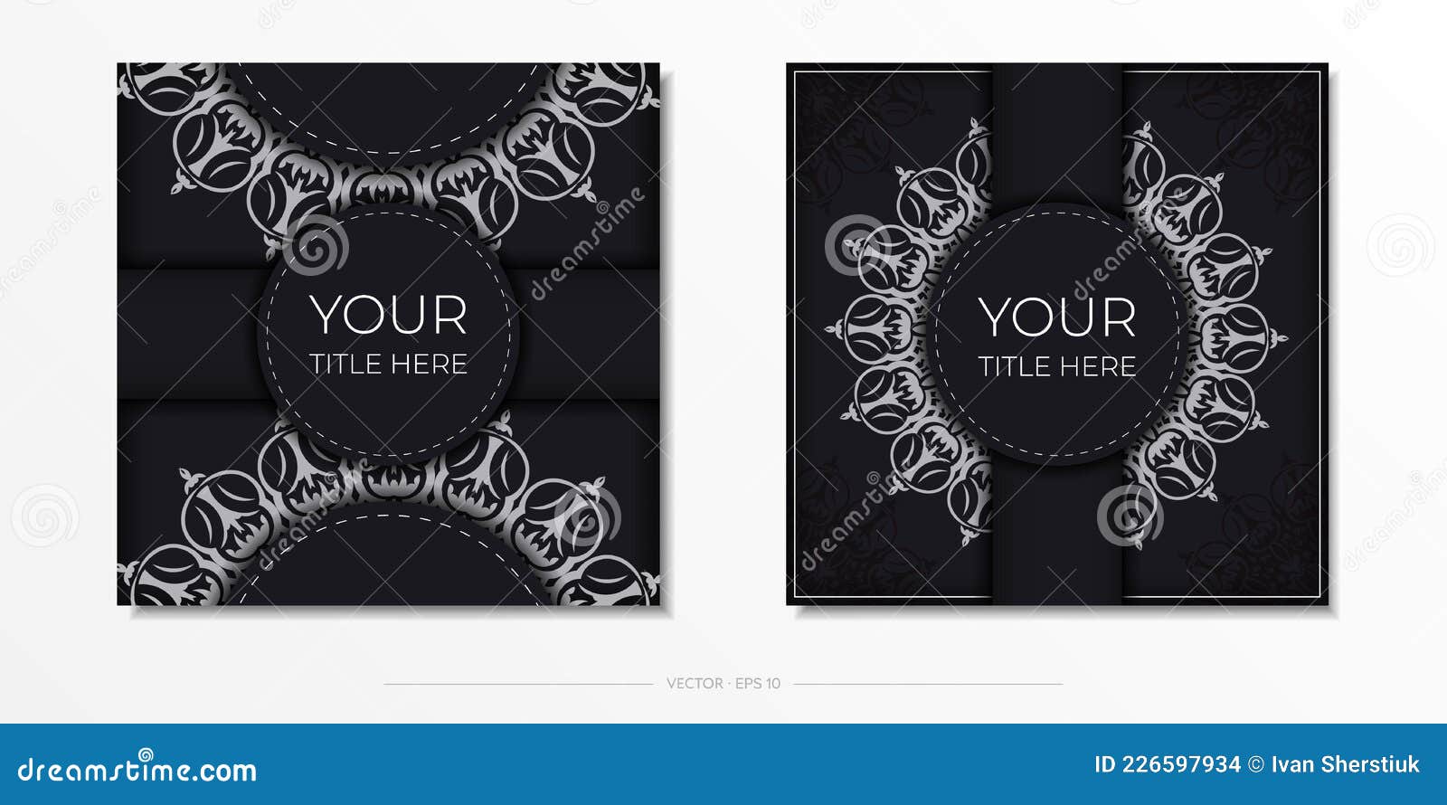 Square Postcard Template Black with Luxurious Patterns. Vector Print ...