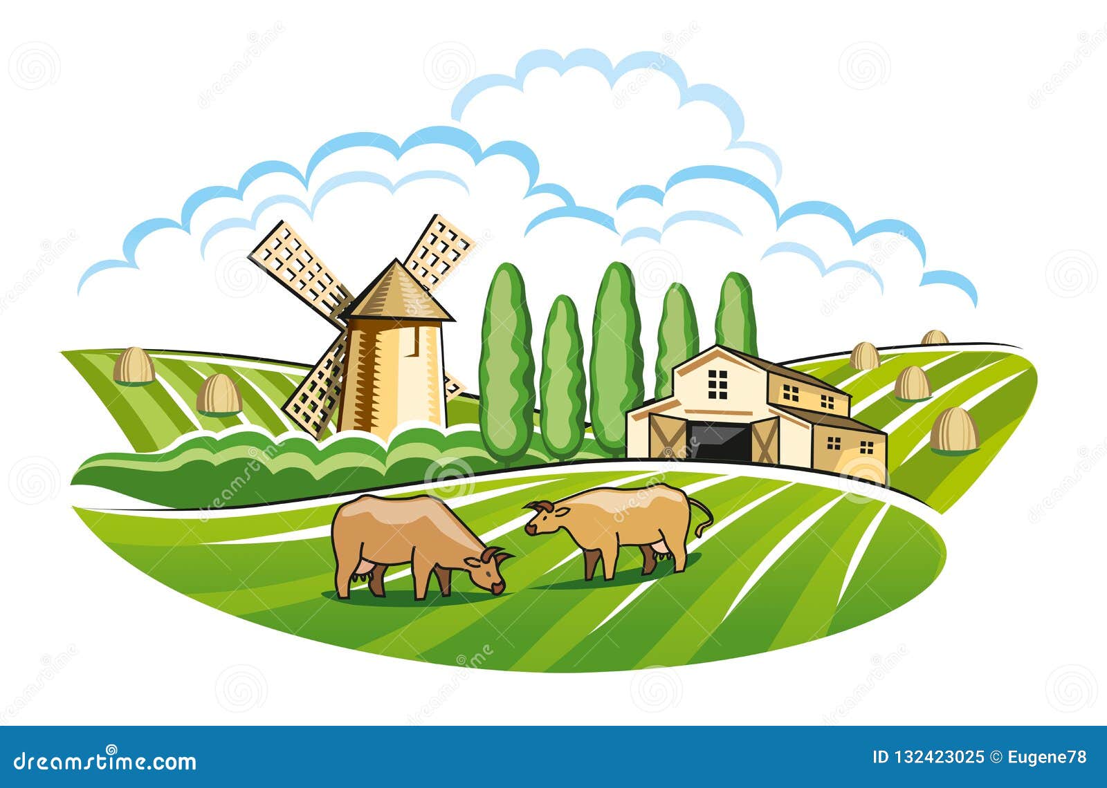 Landscape with Mill and Farm. Version Stock Vector - Illustration of ...