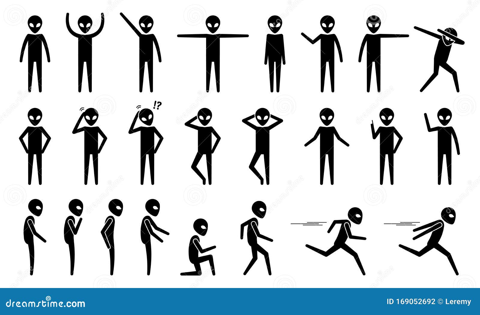 Basic Alien UFO Body Poses and Postures Stick Figure Pictogram Icons ...