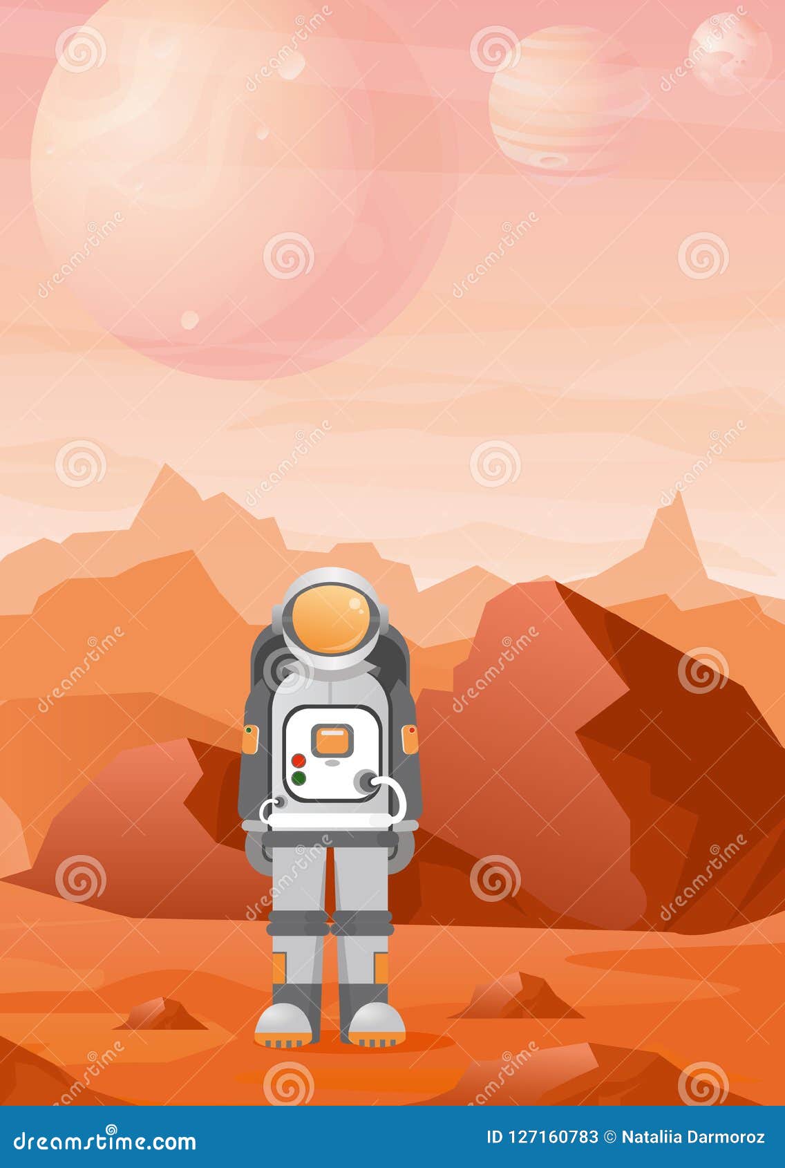 Vector Illustrations of Astronaut on Mars Planet with Red Mountains ...